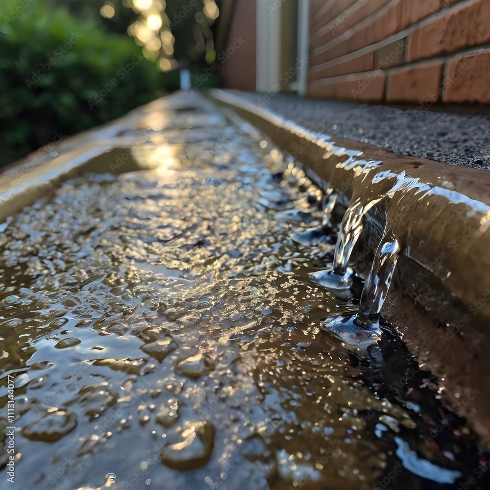 Water flowing out of a gutter drain pipe after a rain storm where the ...
