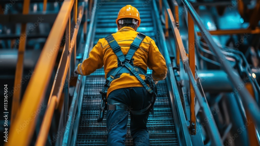Technician wearing a safety harness climbing a fixed ladder in an ...