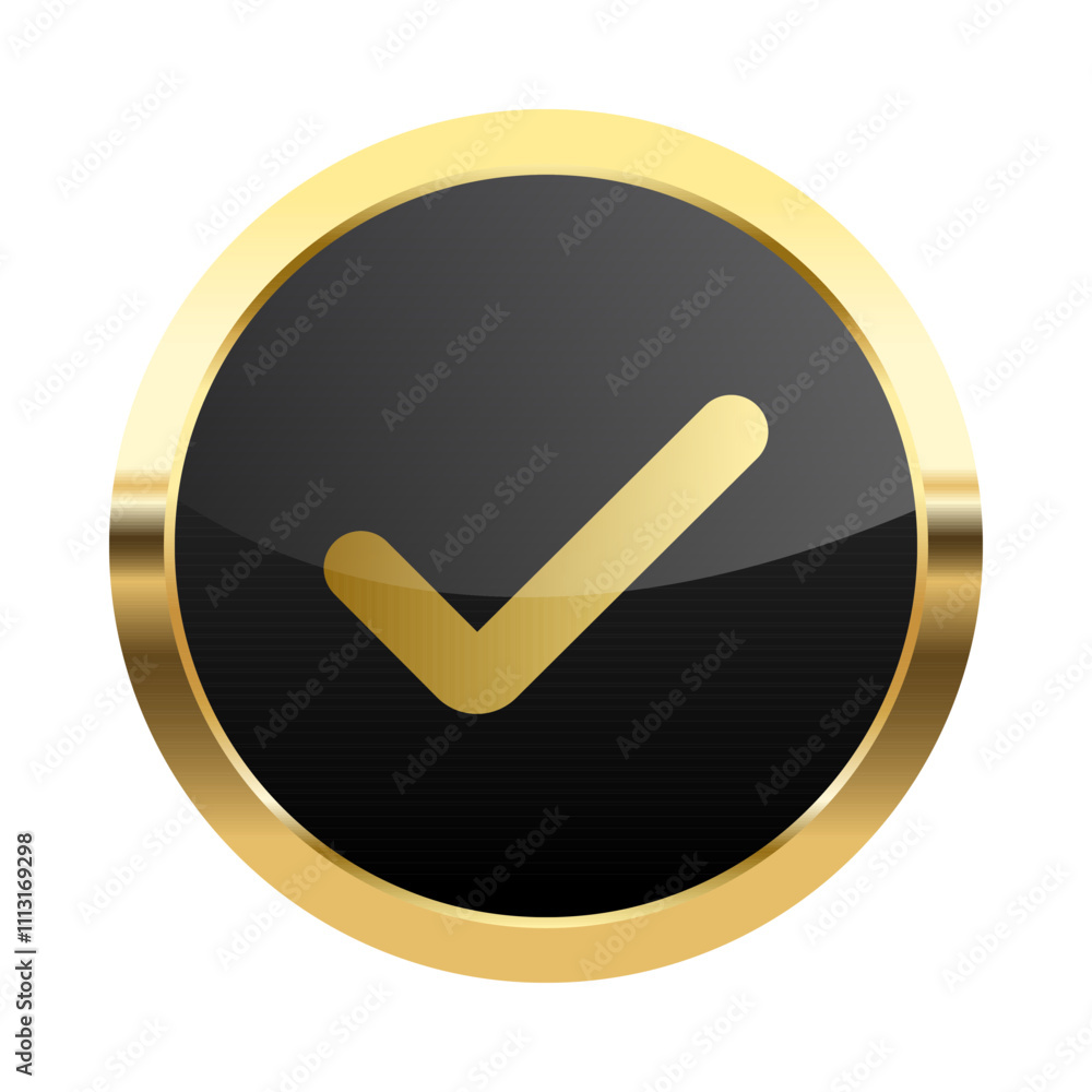 Vetor de Golden Check mark label ,Gold and black Round Circle shiny sticker Badge with tick icon ...