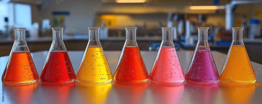 Colorful liquids in flasks demonstrate pH indicator reactions in lab ...