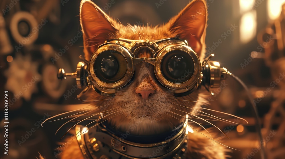 Steampunk Cat: A ginger tabby cat stares intently, wearing large ...