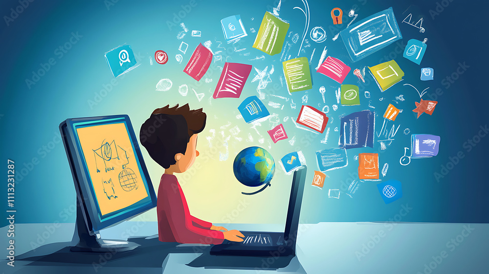 Cartoon student attending a virtual class on a computer screen, with ...