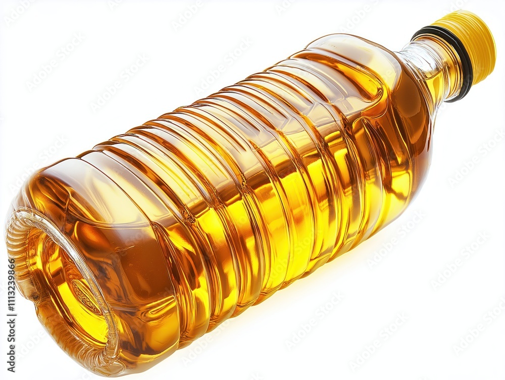 Clear plastic bottle filled with golden cooking oil. Isolated on white ...