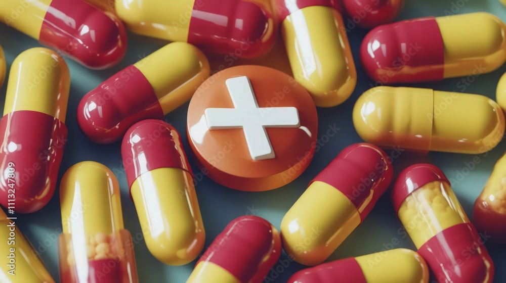 Numerous pills feature a prominent white cross symbol on their surface ...