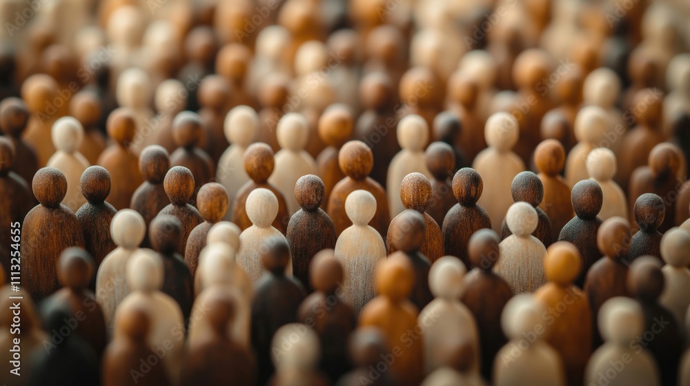 Wooden figures represent diverse people in large group. Illustration ...