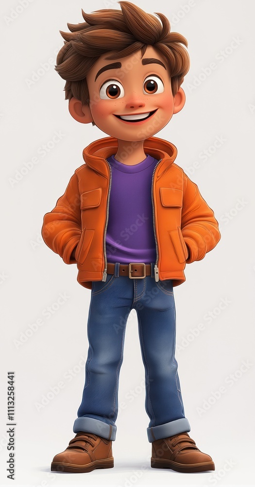 Animated cartoon boy smiles. Wears orange jacket, blue jeans. Likely ...
