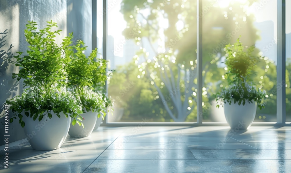 rendering of modern office interior with green plants flowers in white ...