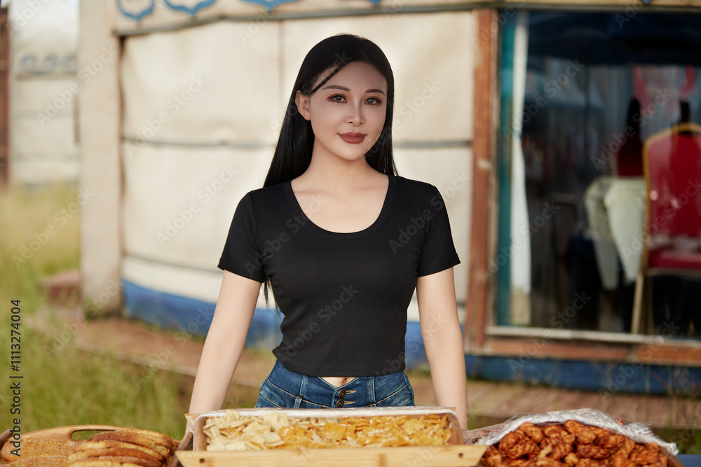 Beautiful woman tasting delicious food at an outdoor roasted whole lamb ...