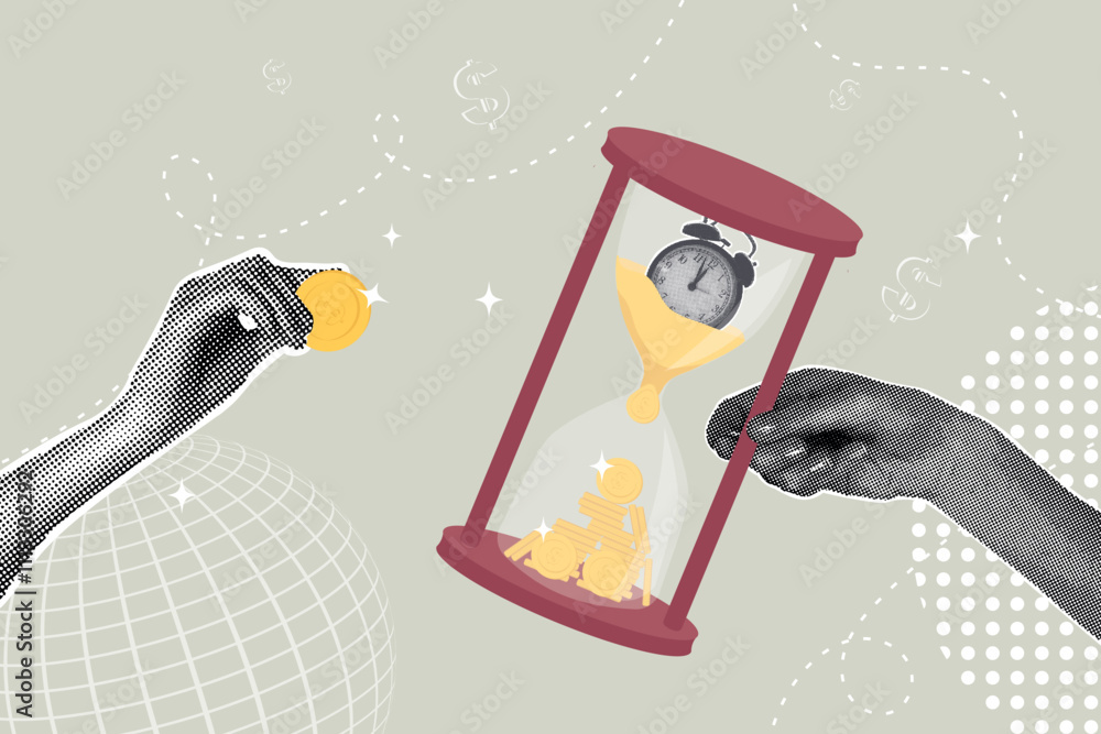 Trendy halftone collage. Business concept, time management, time is ...