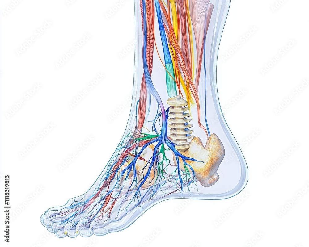 Medical illustration of the human foot, showing the bones, muscles, and ...