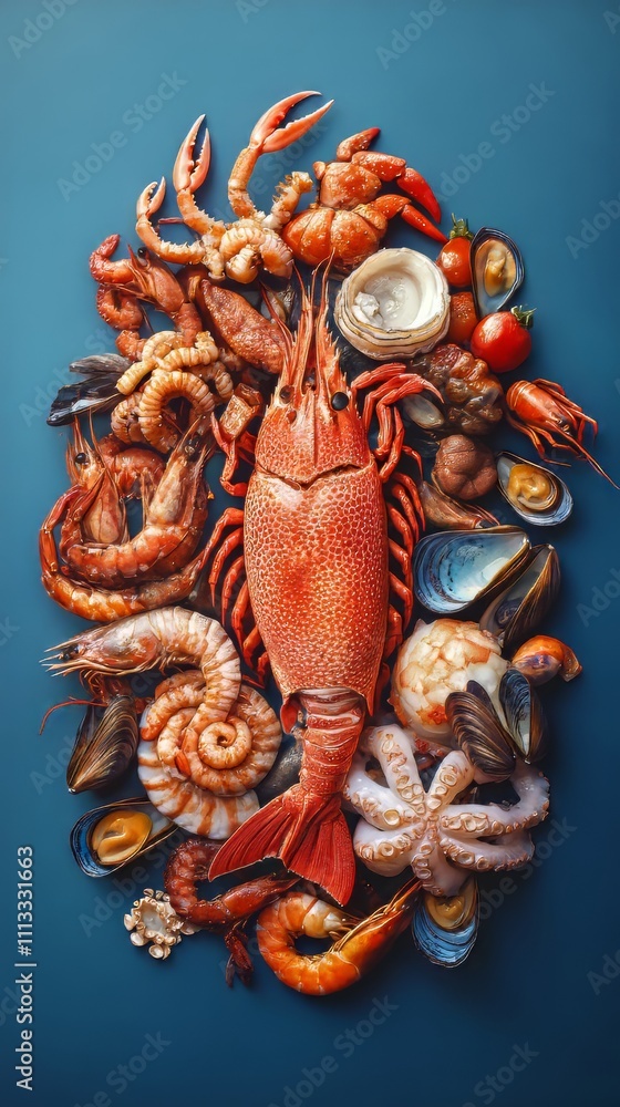 Fish and seafood square frame with a place for text on a blue ...