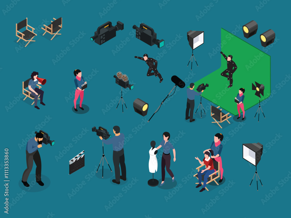 Film Production and Movie Making with Crew and Equipment 3d isometric ...