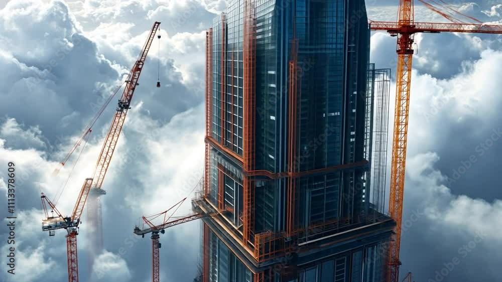 A towering skyscraper under construction, with cranes lifting steel ...