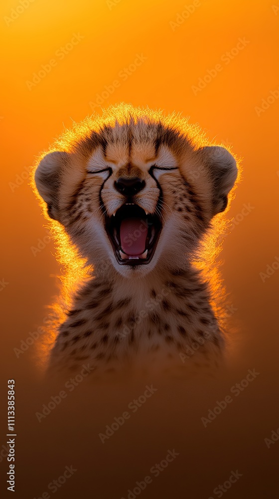 A cheetah cub yawns with its mouth wide open, illuminated by the warm ...