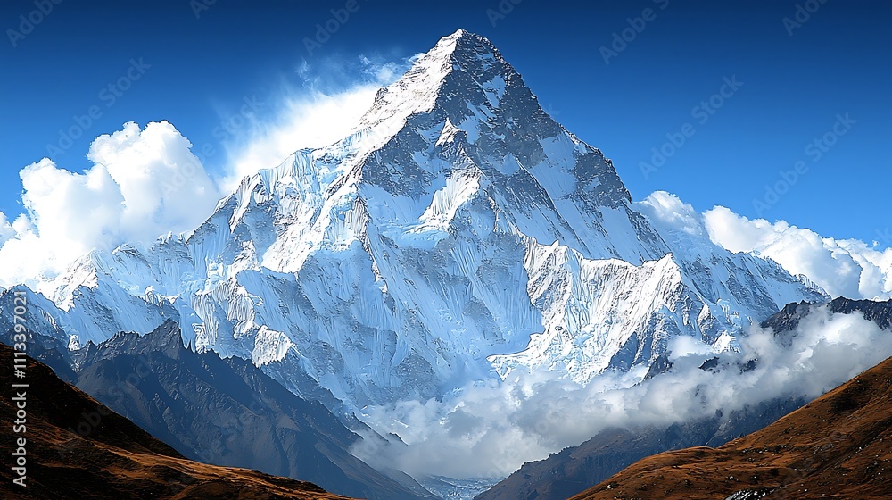 A breathtaking view of Mount Everest in Nepal, glowing in bright ...