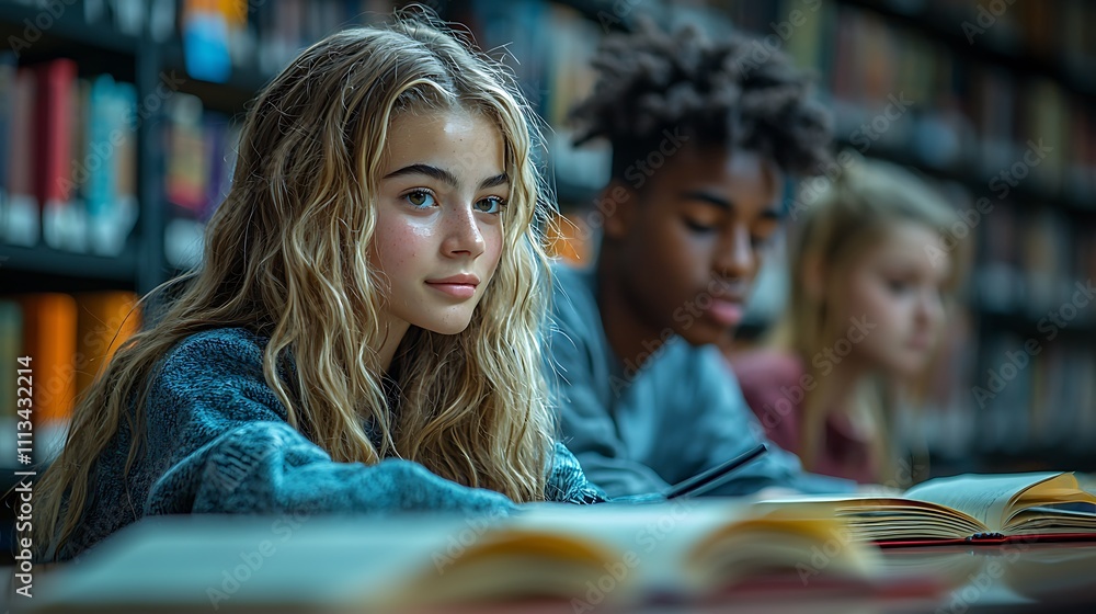 Foto de Students studying together at a library table, sharing ...