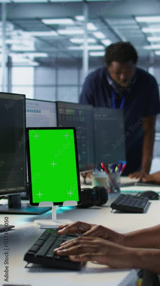 Vertical video Admin using isolated screen tablet, working in server farm to optimize it for ...