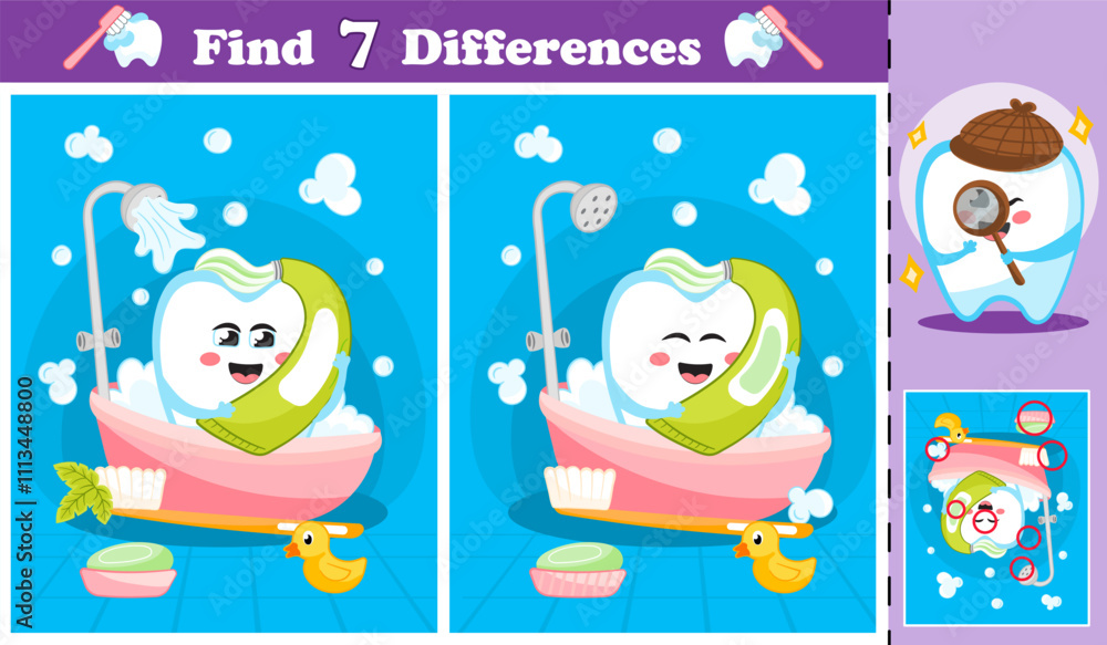 A delightful spot-the-differences puzzle featuring a cheerful tooth ...