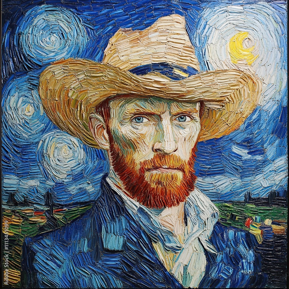 Van Gogh self-portrait in starry night style with cowboy hat. Stock ...