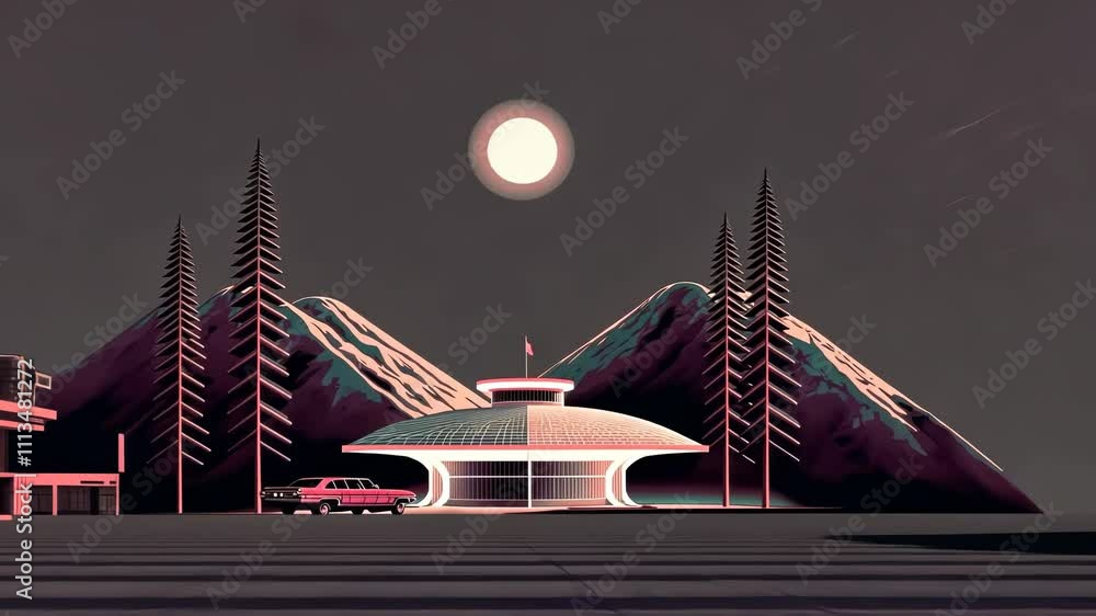 Retrofuturistic landscape in 80s sci-fi style. Retro science fiction ...