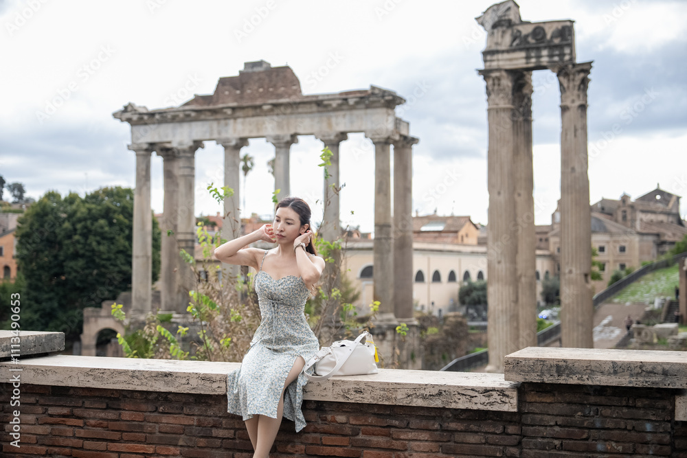 Poster Woman enjoy view of Ruins of the Roman Forum at Palatino hill in ...