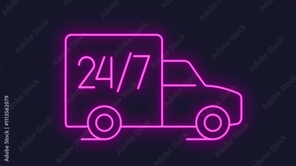 24 by 7 delivery neon animation. Shipping service animated icon glow ...