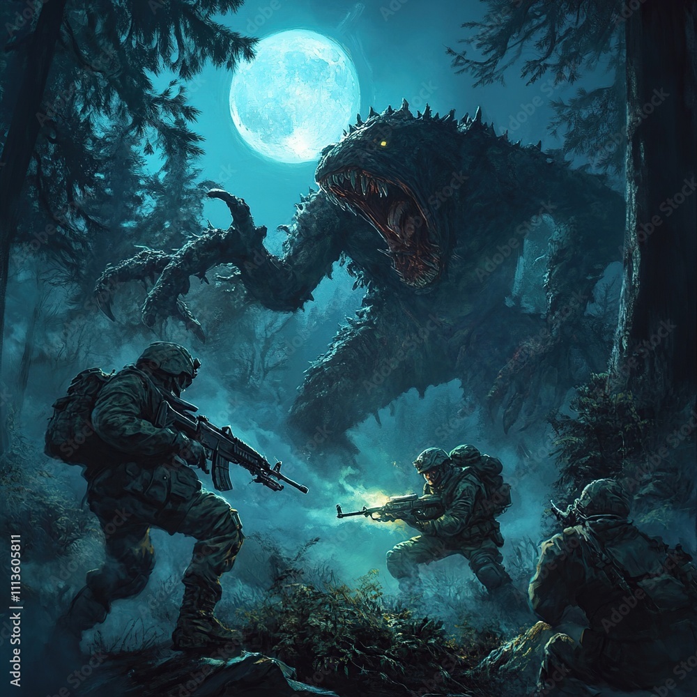 Photo & Art Print Soldiers confronting a monstrous creature in a dark ...