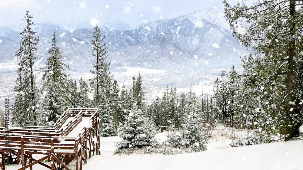 Zakopane winter snowfall wooden observation deck surrounded by serene ...