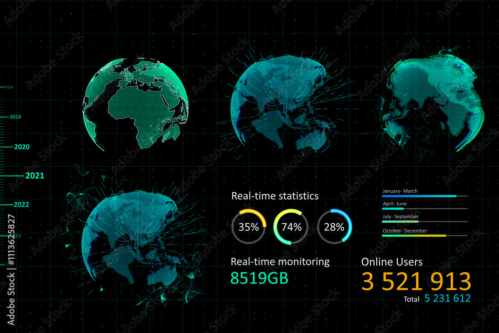 Online global network and stats data concept with different regions on ...