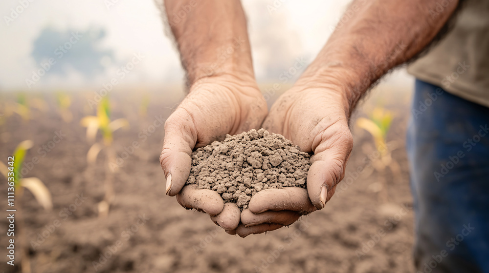 A farmerâ€™s hands holding a small handful of parched soil with wilted ...