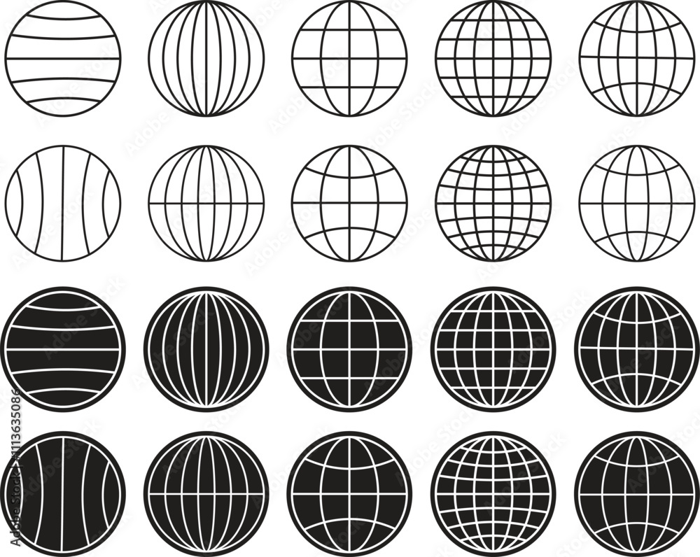 World globe icons set. Earth globe sign. World globe grids in circle form. Linear striped ...