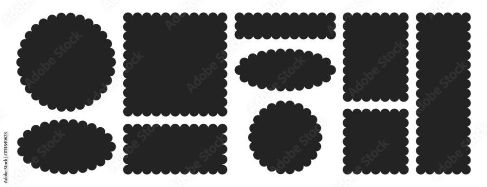 Vector set of black scalloped border in different shapes. Circle ...