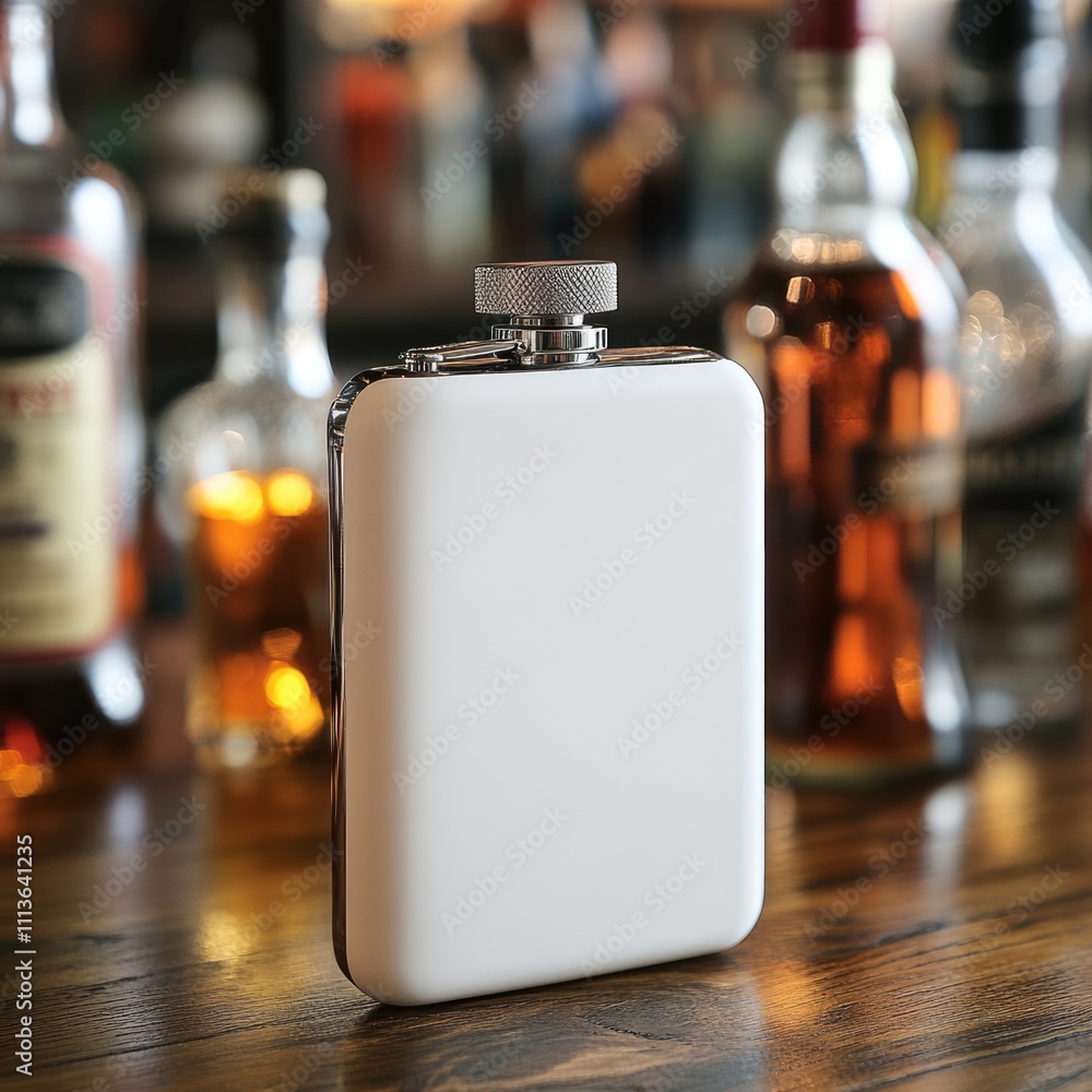 Matte white hip flask with soft rounded edges on top, flask on wooden ...