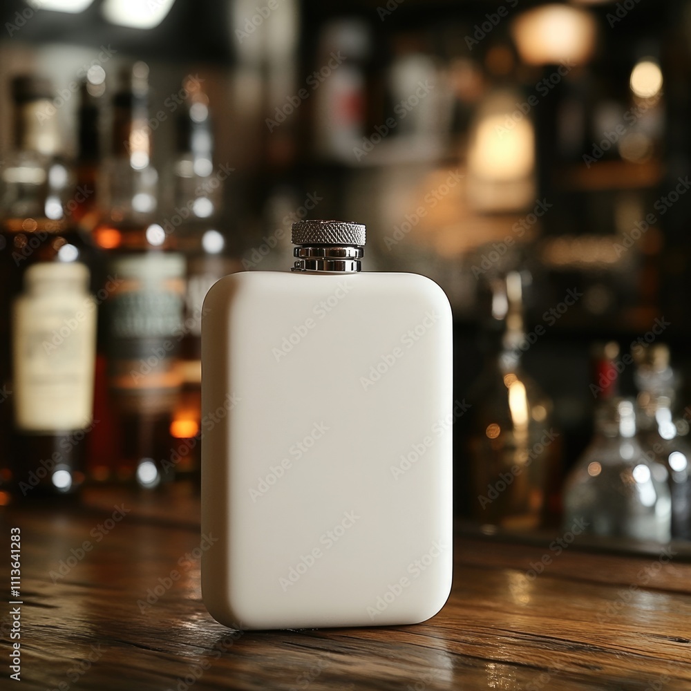 Matte white hip flask with soft rounded edges on top, flask on wooden ...