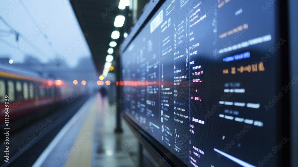 Digital train station information display board showing schedules and ...