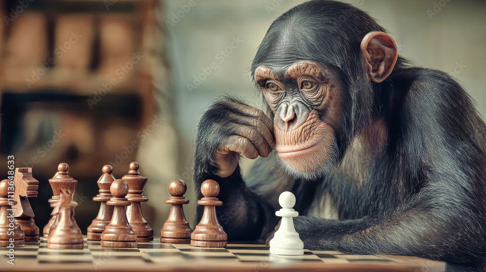 Chimpanzee engages in an intense chess match, pondering strategies ...