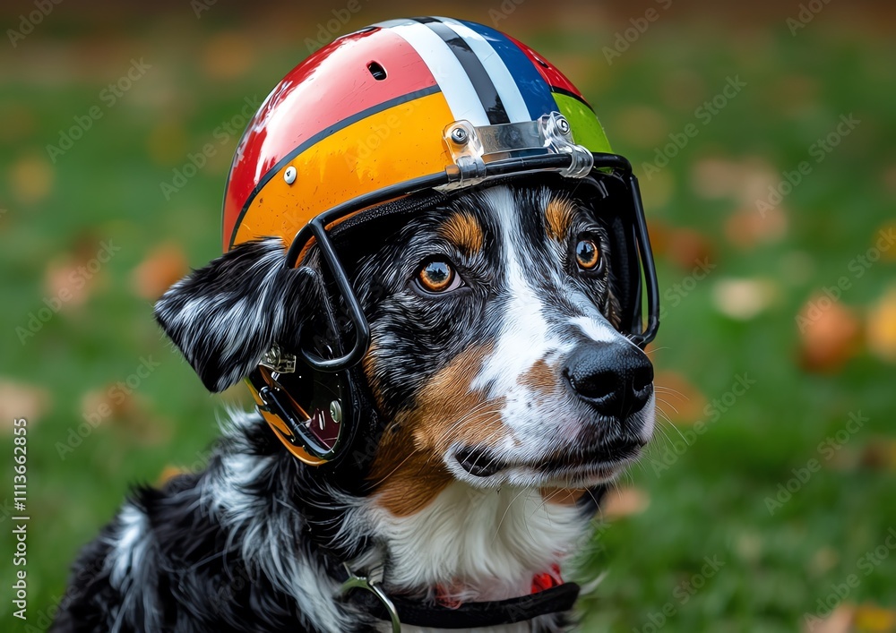 An Australian Shepherd with a multi-colored NFL helmet, looking alert ...