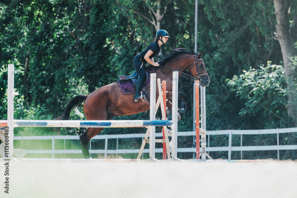 A skilled equestrian rider guides a horse over a jump in an outdoor ...