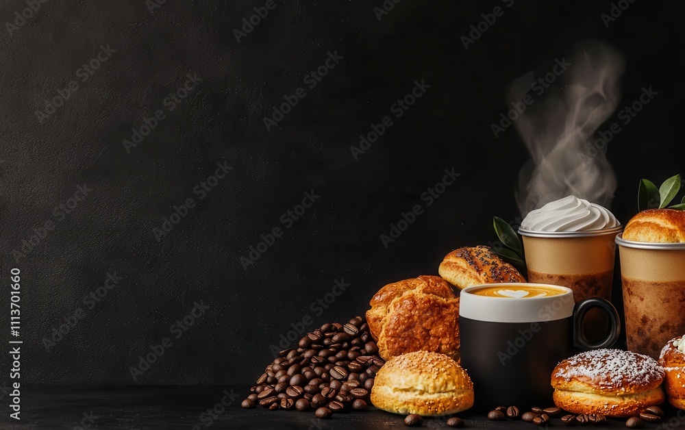 Digital menu design featuring 3Drendered coffee beans, steaming mugs ...