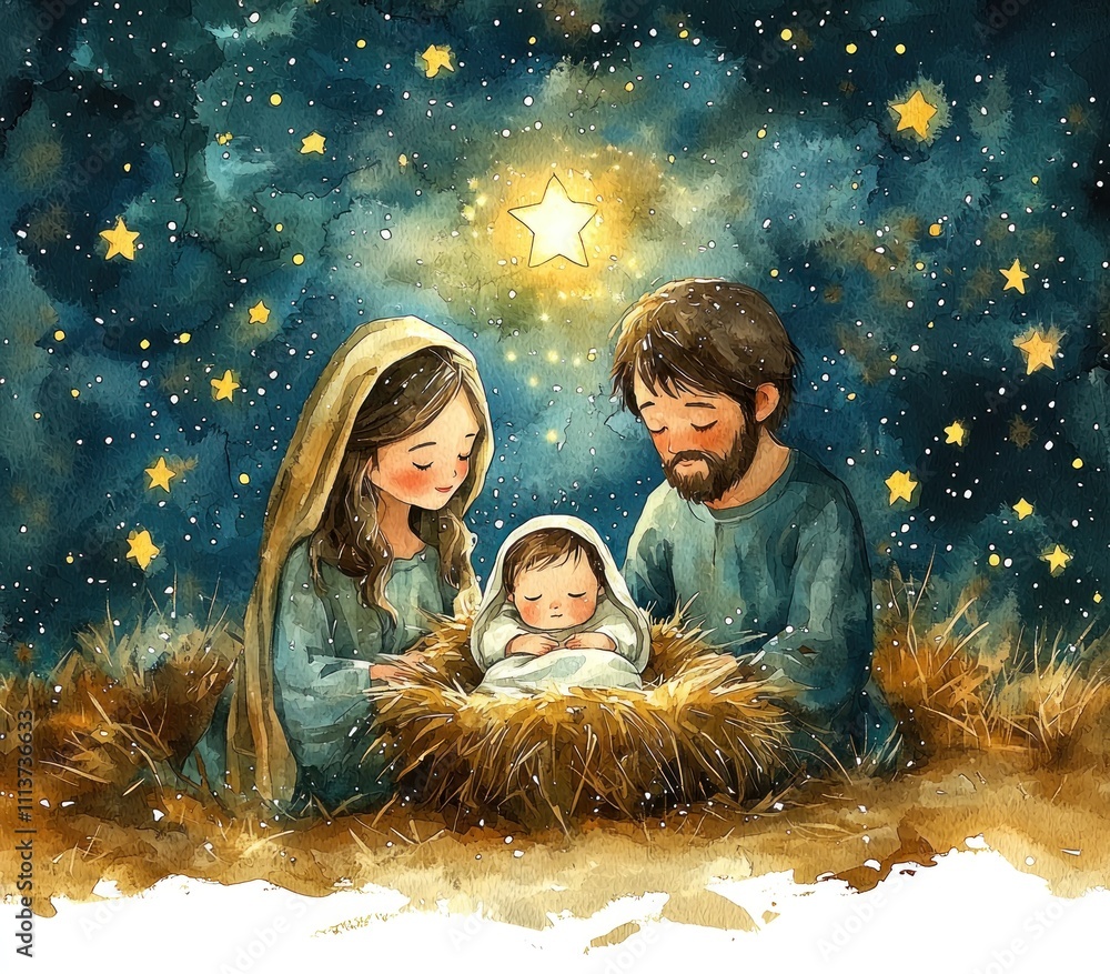 Cute nativity scene with Mary, Joseph, and baby Jesus surrounded by ...