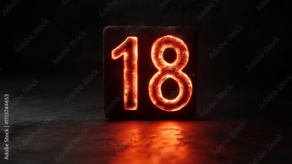 Red neon eighteen plus sign glowing on a dark textured background ...