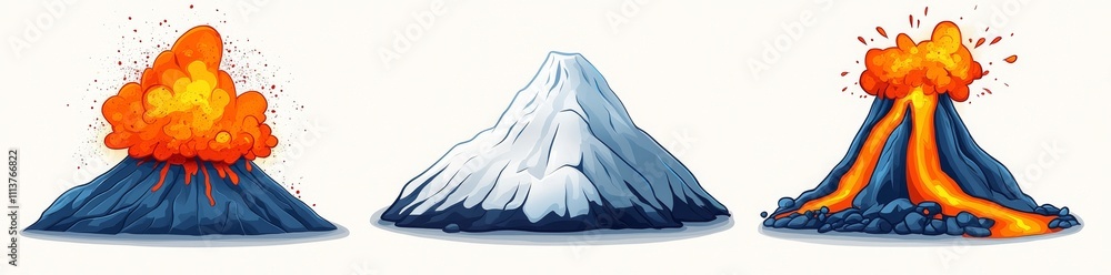 An animated scene of a volcanic eruption on a sandy island, complete ...