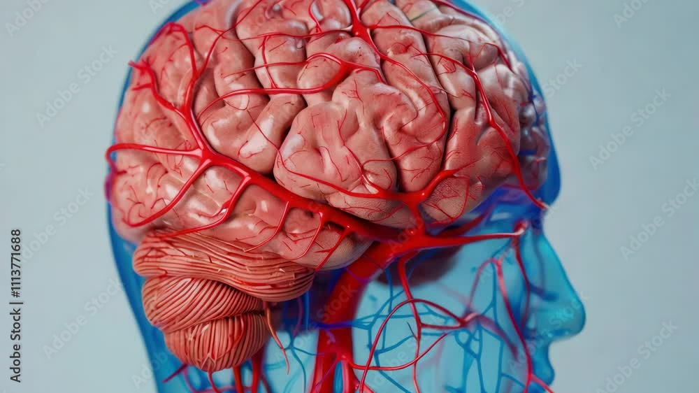Detailed structure of human brain anatomy with visible blood vessels ...