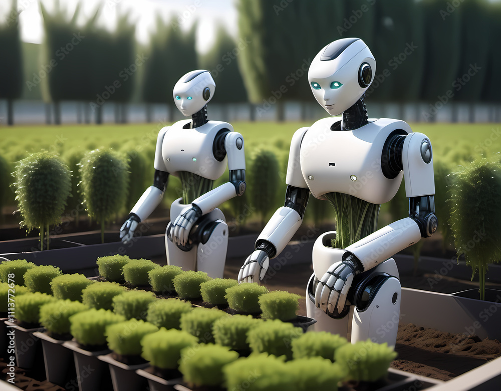 Humanoid robots planting rows of bushes in a nursery field Generative ...