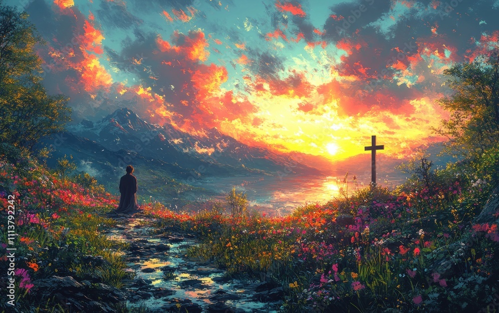 Thankful Woman Praising Lord in Prayer Kneeling before Cross in Serene ...