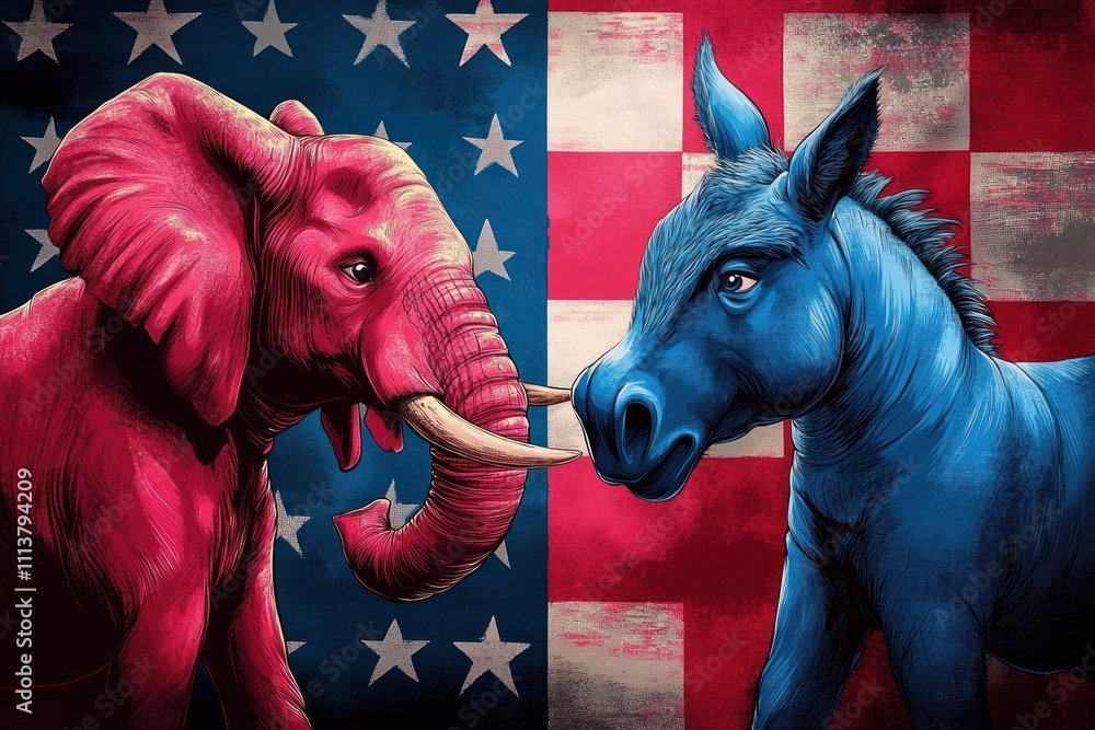 Political Clash: Red Elephant vs Blue Donkey on American Flag Stock ...