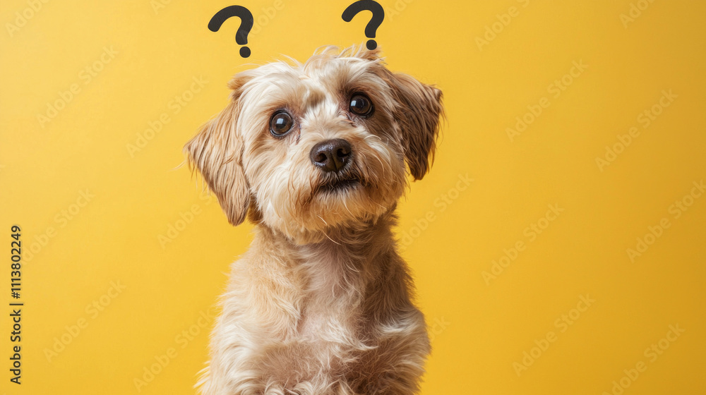 Cute confused little dog with question marks on yellow background Stock ...