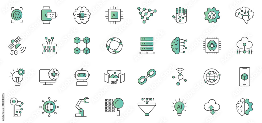 Artificial intelligence icon set. Containing machine learning, data science, AI, virtual ...