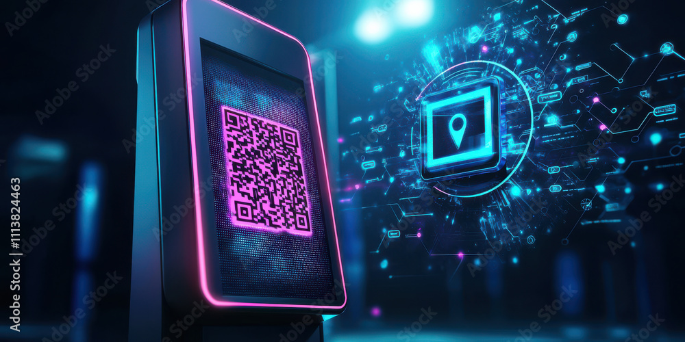 payment kiosk displaying QR code with digital interface and location ...