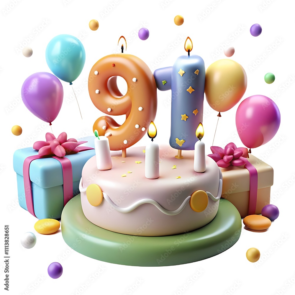 3D 91st Birthday Celeberation With Pastel Cake and balloons On White ...